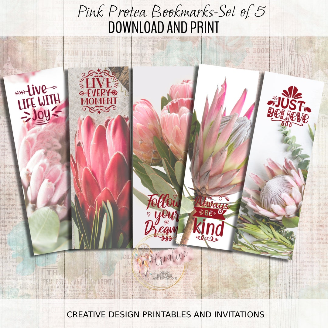 PINK PROTEA Printable BOOKMARKS Set of 5,instant Digital Download for ...