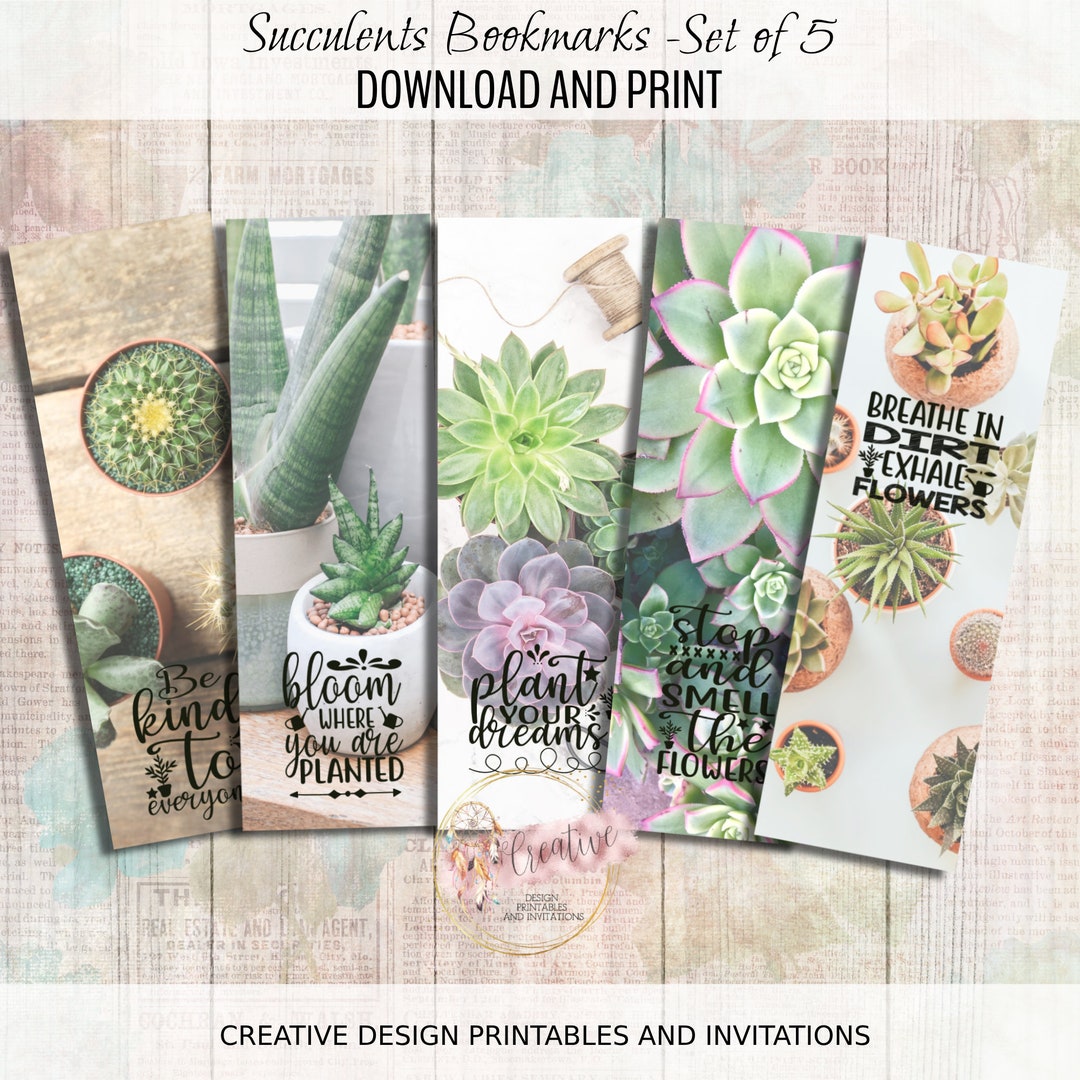 SUCCULENTS Printable BOOKMARKS Set of 5,instant Digital Download for ...