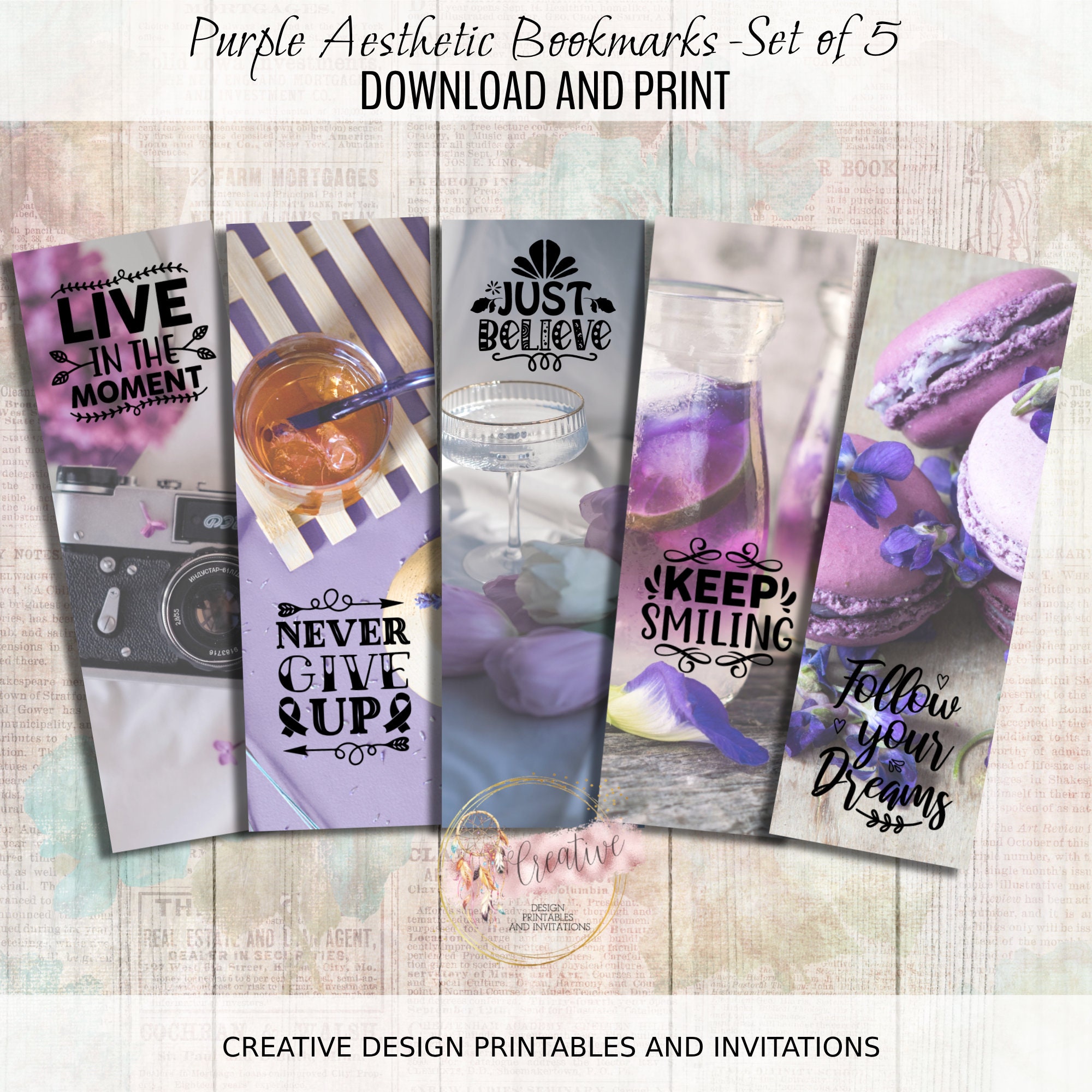 PURPLE AESTHETIC Printable BOOKMARKS Set of 5,instant Digital Download ...