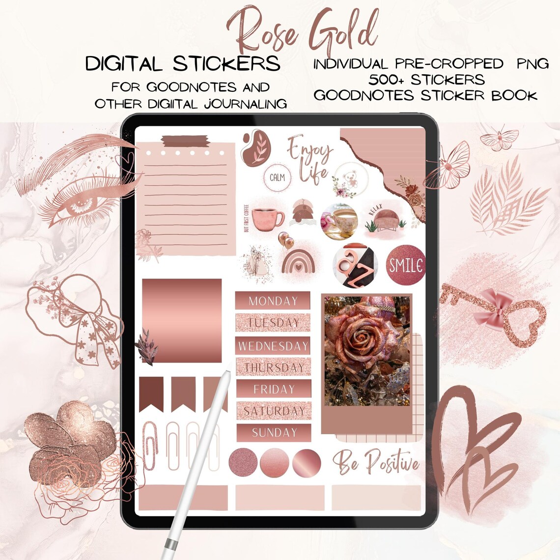 Rose Gold Goodnotes Stickers, Digital Planner, Journaling (PNG & PDF ...