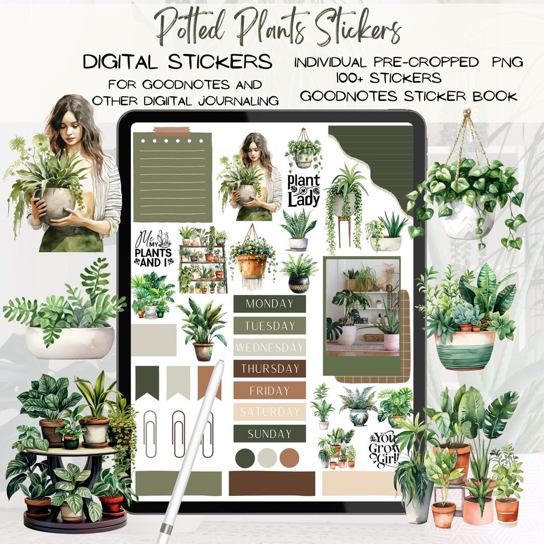 Potted Plants Digital Stickers, Goodnotes Planner, iPad Stickers (PNG ...