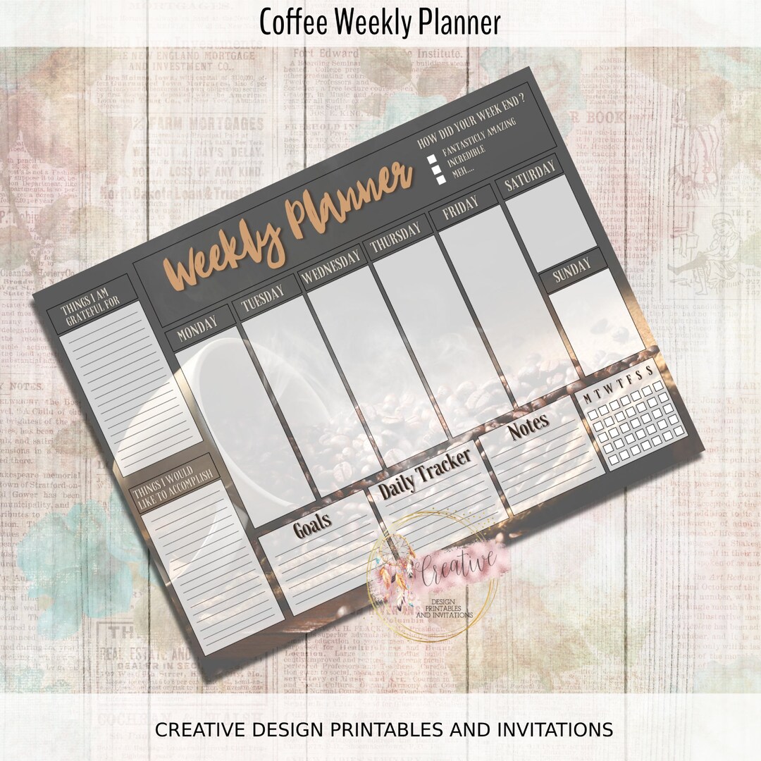 COFFEE WEEKLY PLANNER Printable Landscape Horizontal Page Weekly ...