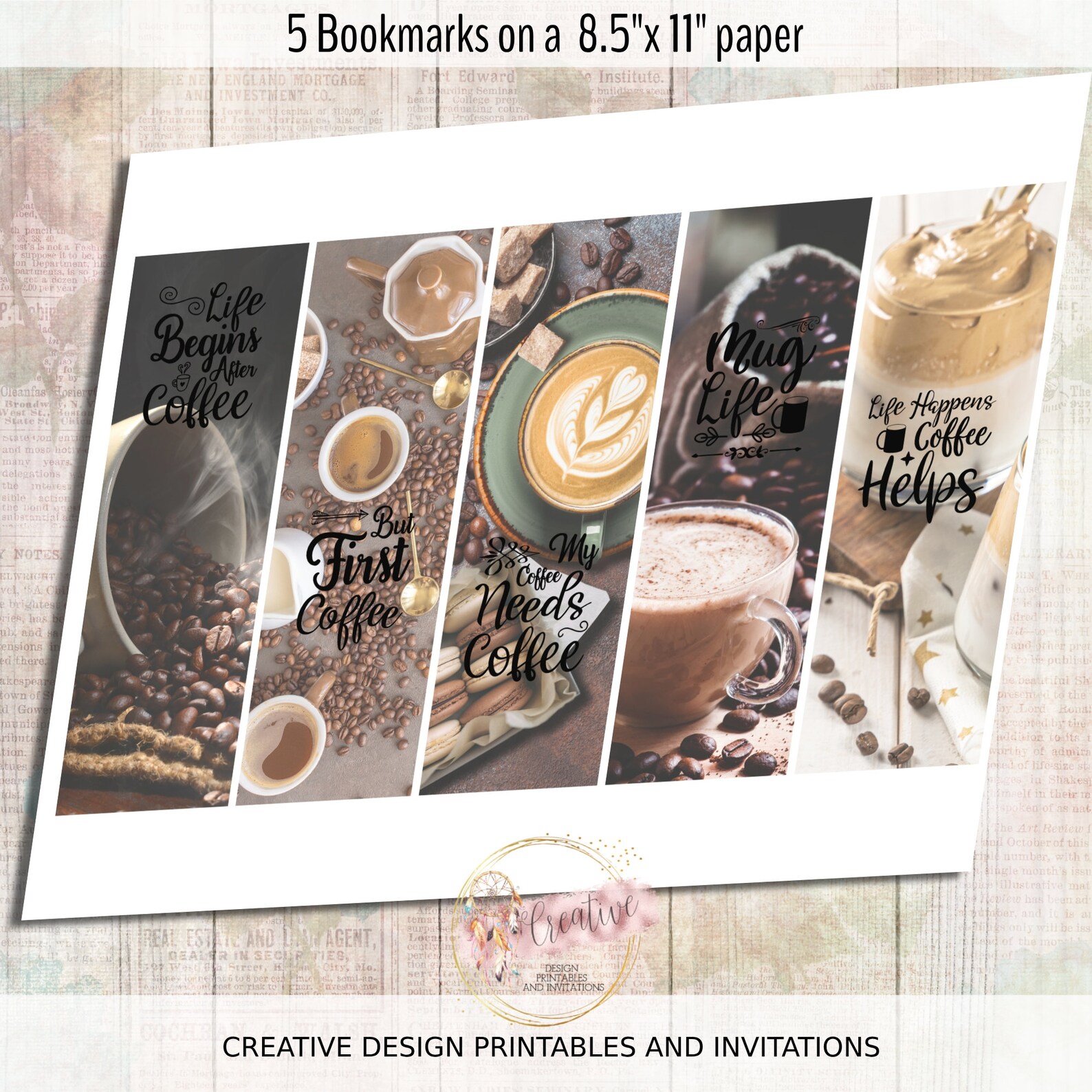 COFFEE Printable BOOKMARKS Set of 5,instant Digital Download for Craft ...