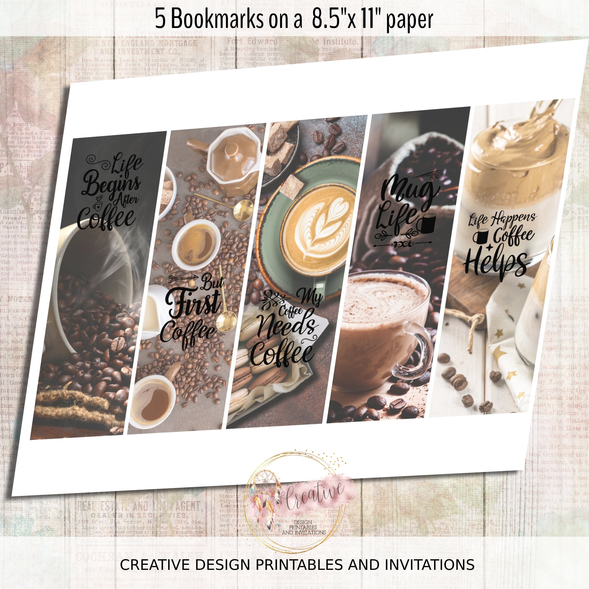 COFFEE Printable BOOKMARKS Set of 5,instant Digital Download for Craft ...