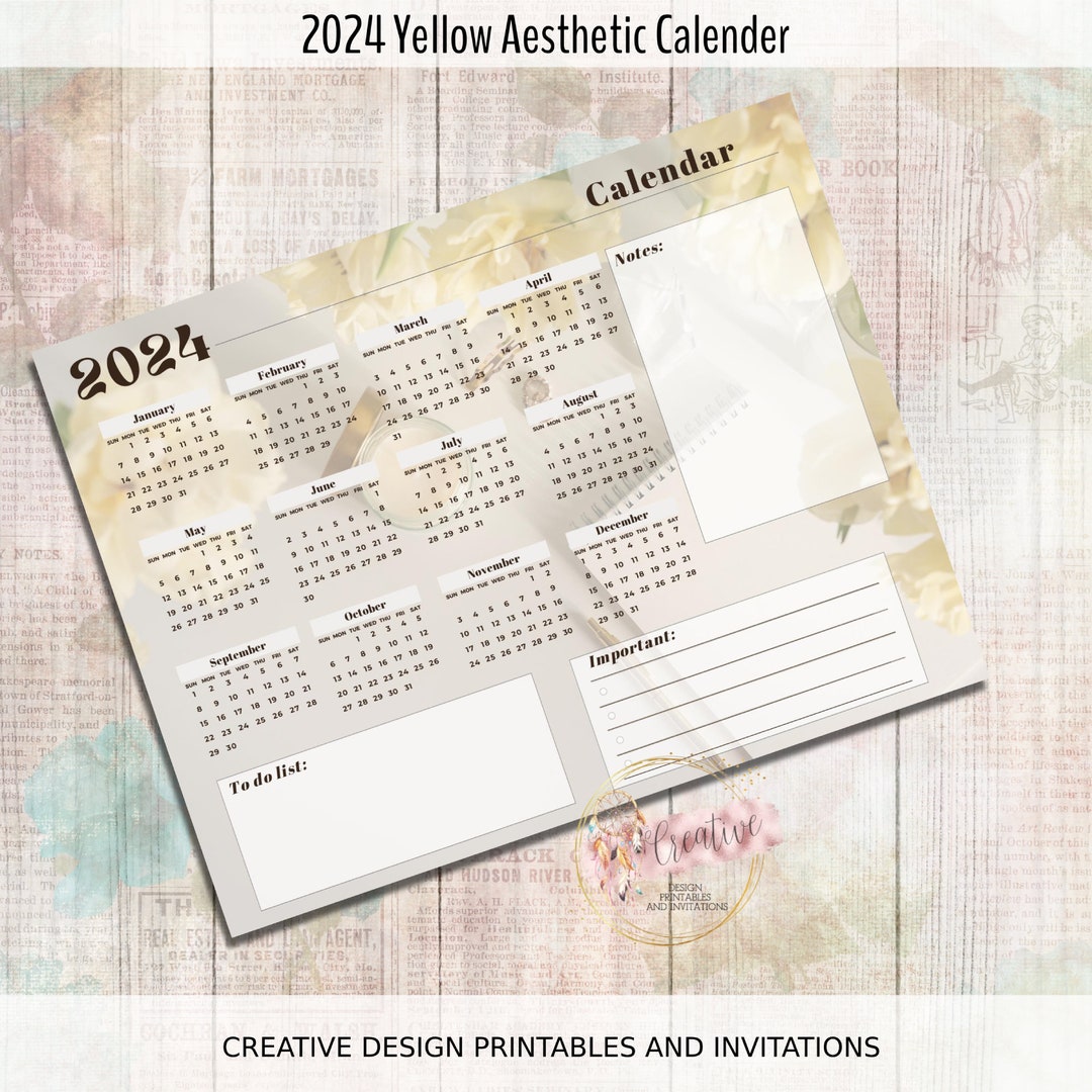 2024 Minimal YELLOW AESTHETIC CALENDER Printable Landscape - Etsy