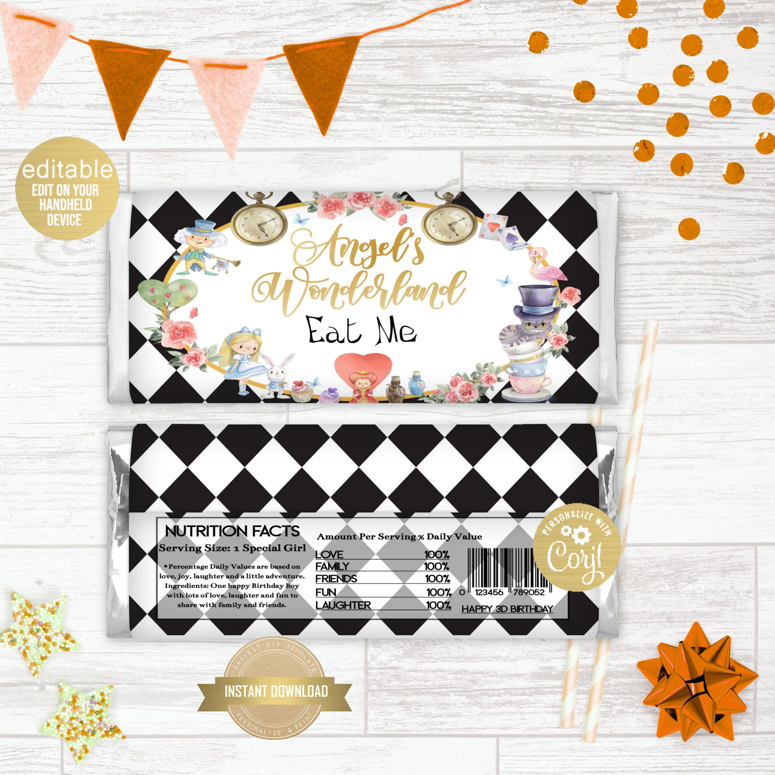 Editable ALICE IN WONDERLAND Candy Bar Wrapper Chocolate - Etsy