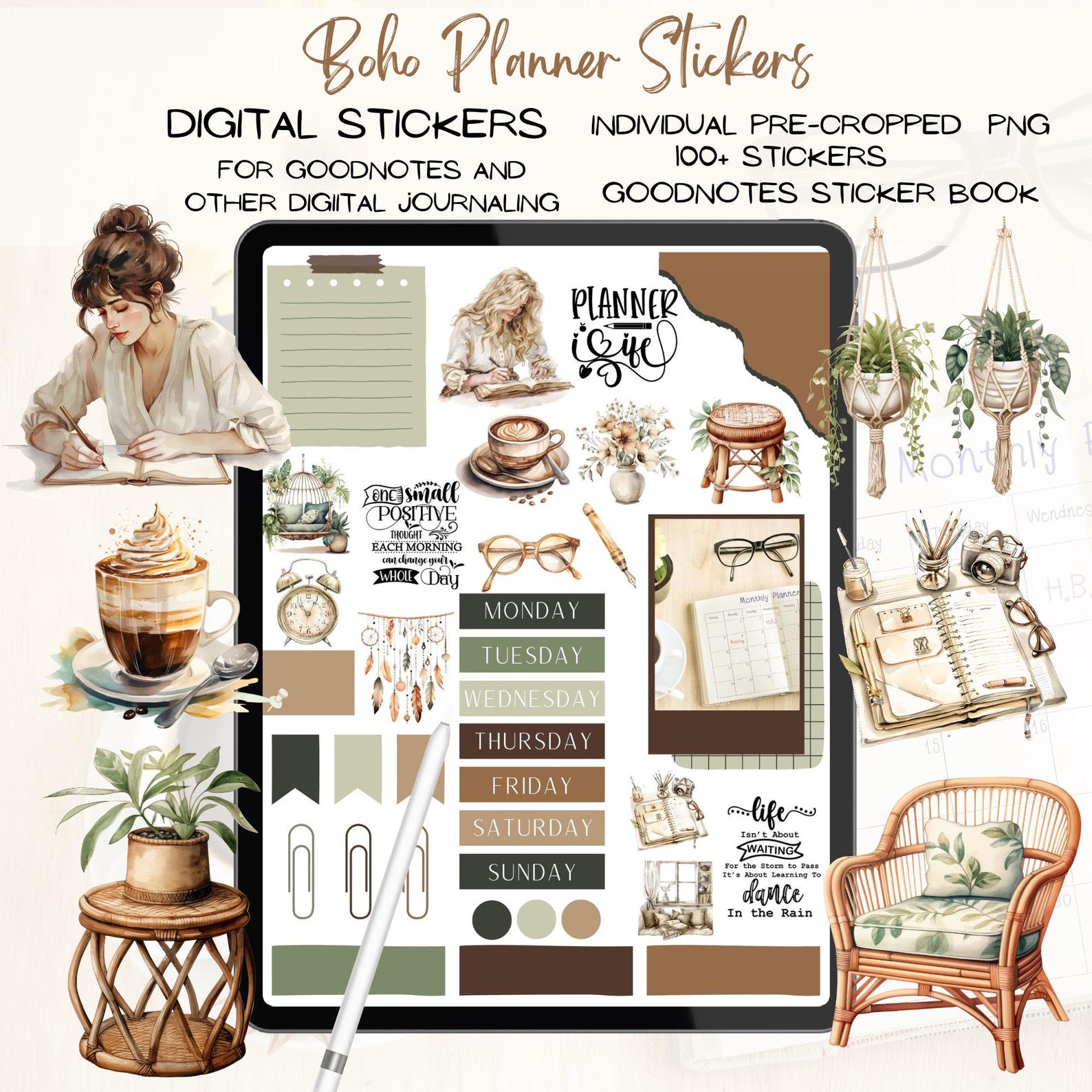 Boho Digital Planner Stickers, Goodnotes Stickers (PNG) - Etsy