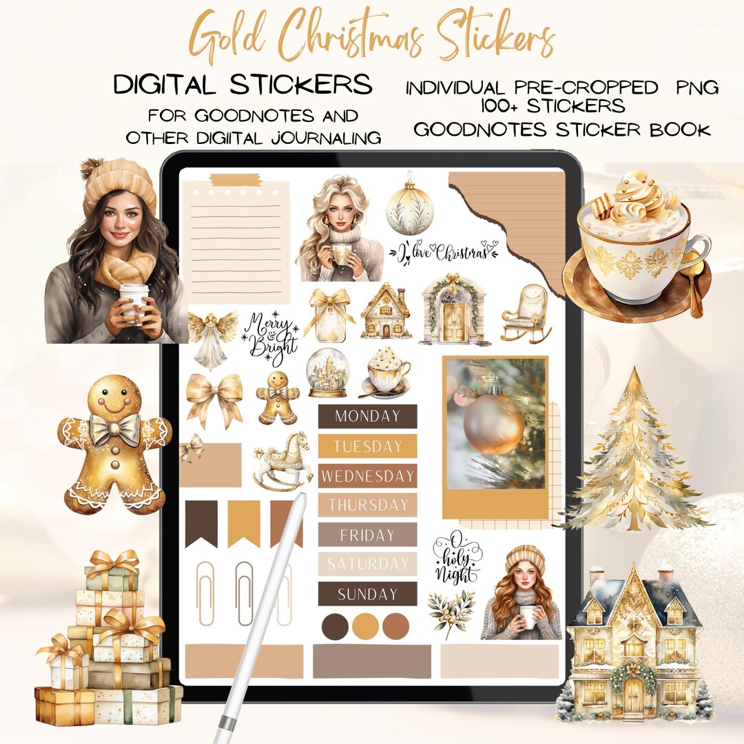 Gold CHRISTMAS GOODNOTES STICKERS, Digital Stickers, Christmas Digital ...