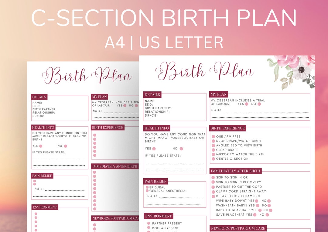 Cesarean Birth Plan Template Csection Birth Plan Printable Birth ...