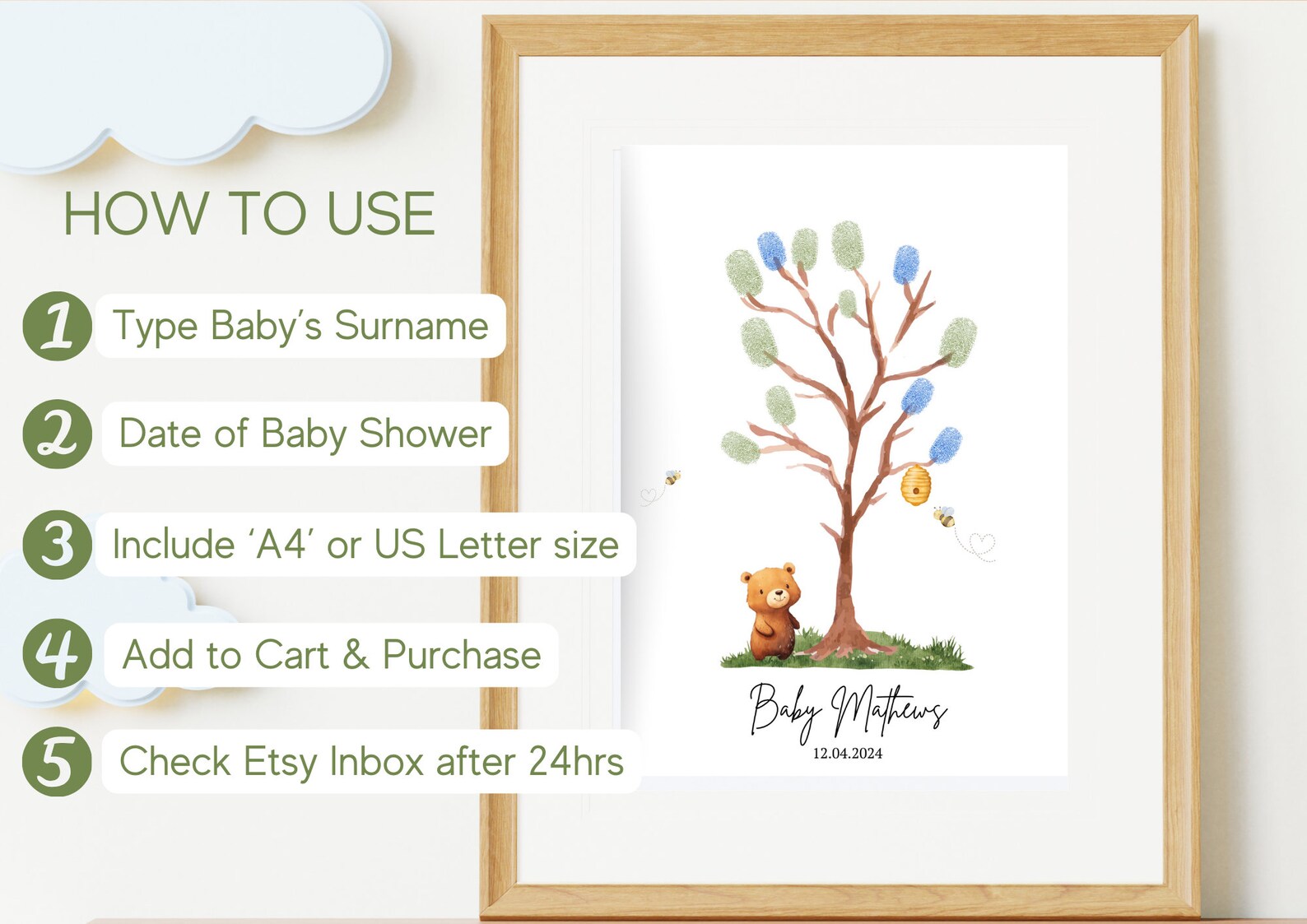 Baby Shower Fingerprint Tree Personalised Guestbook Honey Bee Baby ...
