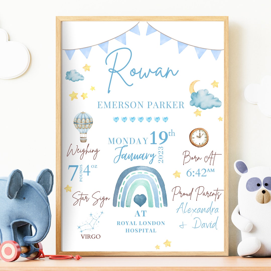 New Baby Personalised Gift for Boy Birth Stats Print Keepsake Print ...