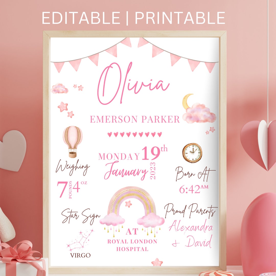 New Baby Personalised Print Gift for Girl Birth Stats Print Keepsake ...