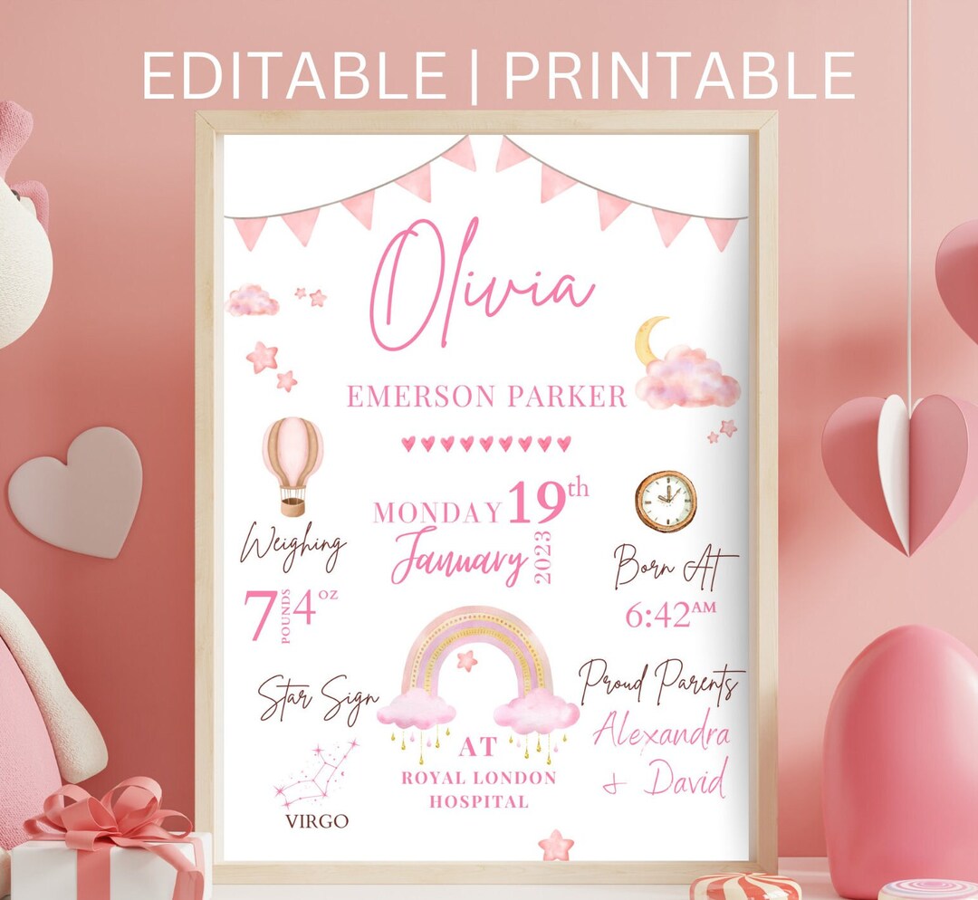 New Baby Personalised Print Gift for Girl Birth Stats Print Keepsake ...