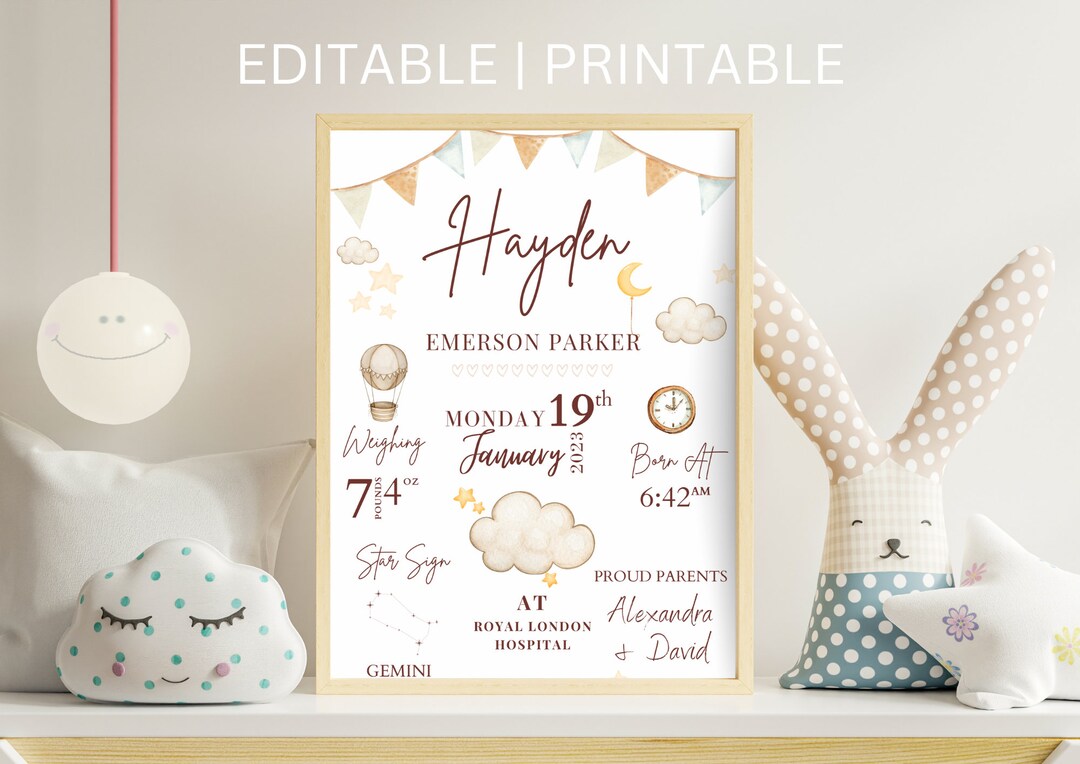 New Baby Personalised Gift Gender Neutral Birth Stats Print Keepsake ...