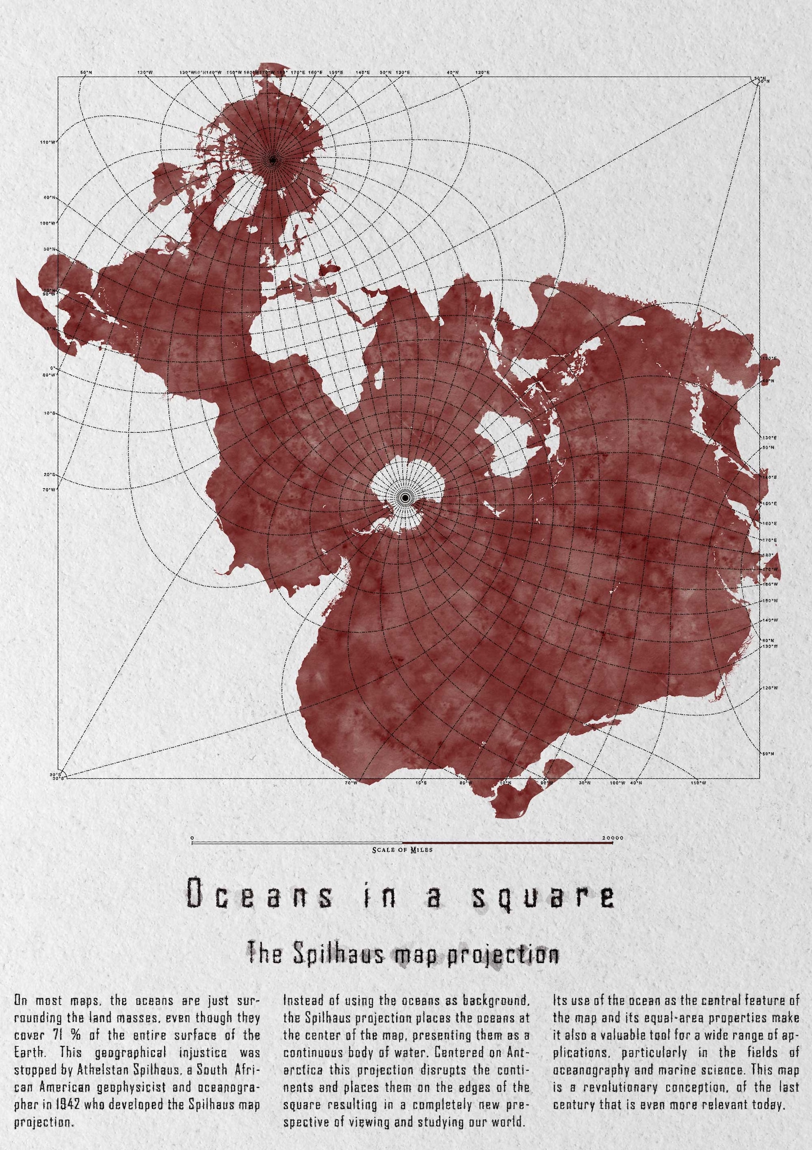 The Spilhaus Projection Map: World Oceans in a Square | Watercolor ...