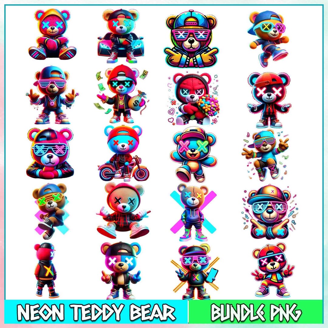 Neon Teddy Bear Png Bundle, Teddy Bear Bundle for Shirt, Design Digital ...