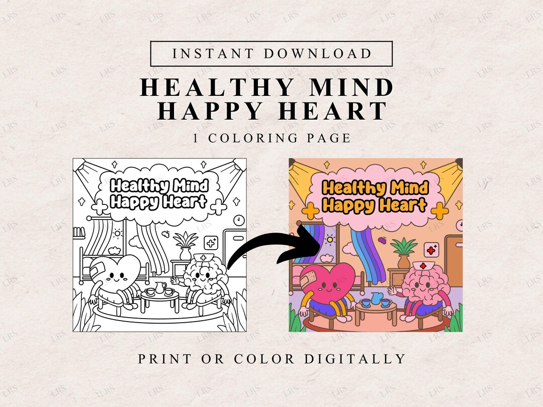 Healthy Mind Happy Heart Coloring Page | Self-care, Relaxation (instant ...
