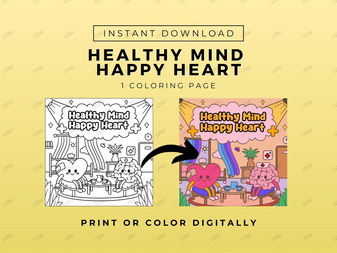 1 Healthy Mind Happy Heart Cute Coloring Page Self Care Relaxation ...