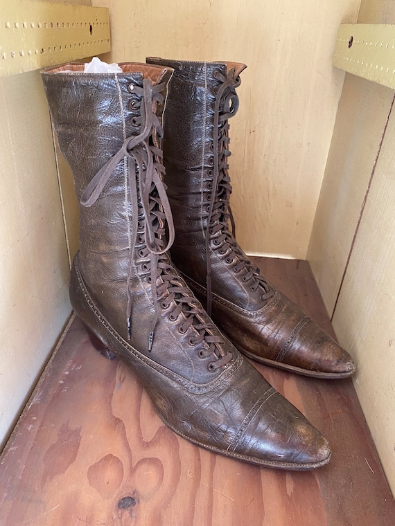 Antique Leather Boots- antique brown leather boots, V… - Gem