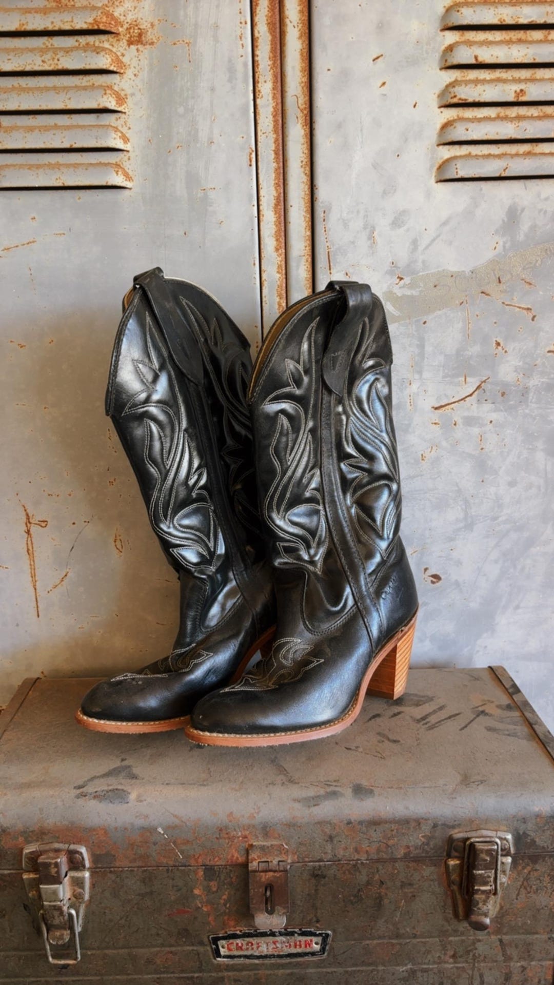 Vintage Black Leather Cowboy Boots- 1970s With Brown Wooden Bottoms ...