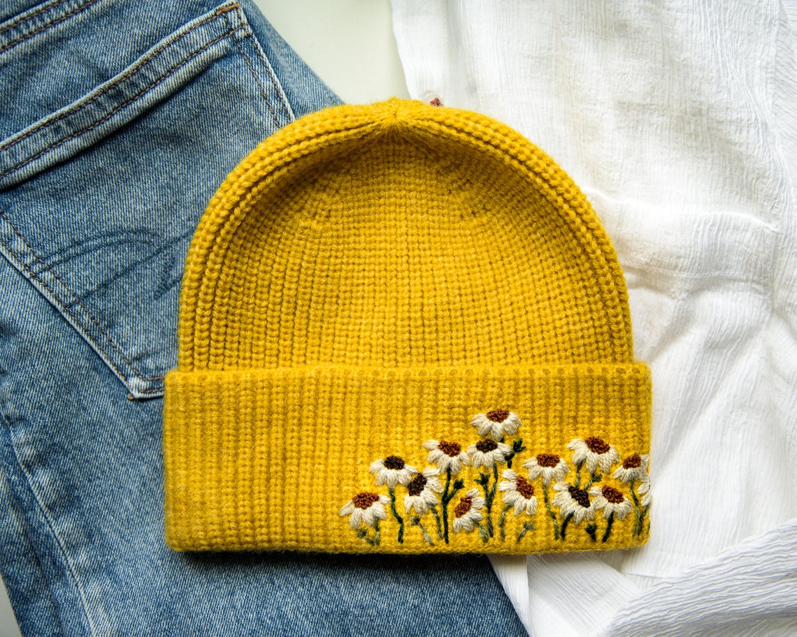 Hand Stitched Simple Daisies Beanie - Modern Minimalist Embroidery ...