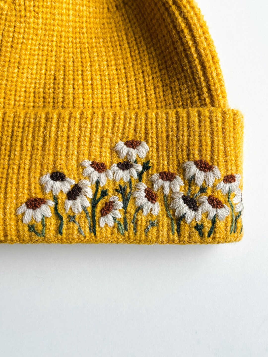 Hand Stitched Simple Daisies Beanie - Modern Minimalist Embroidery ...
