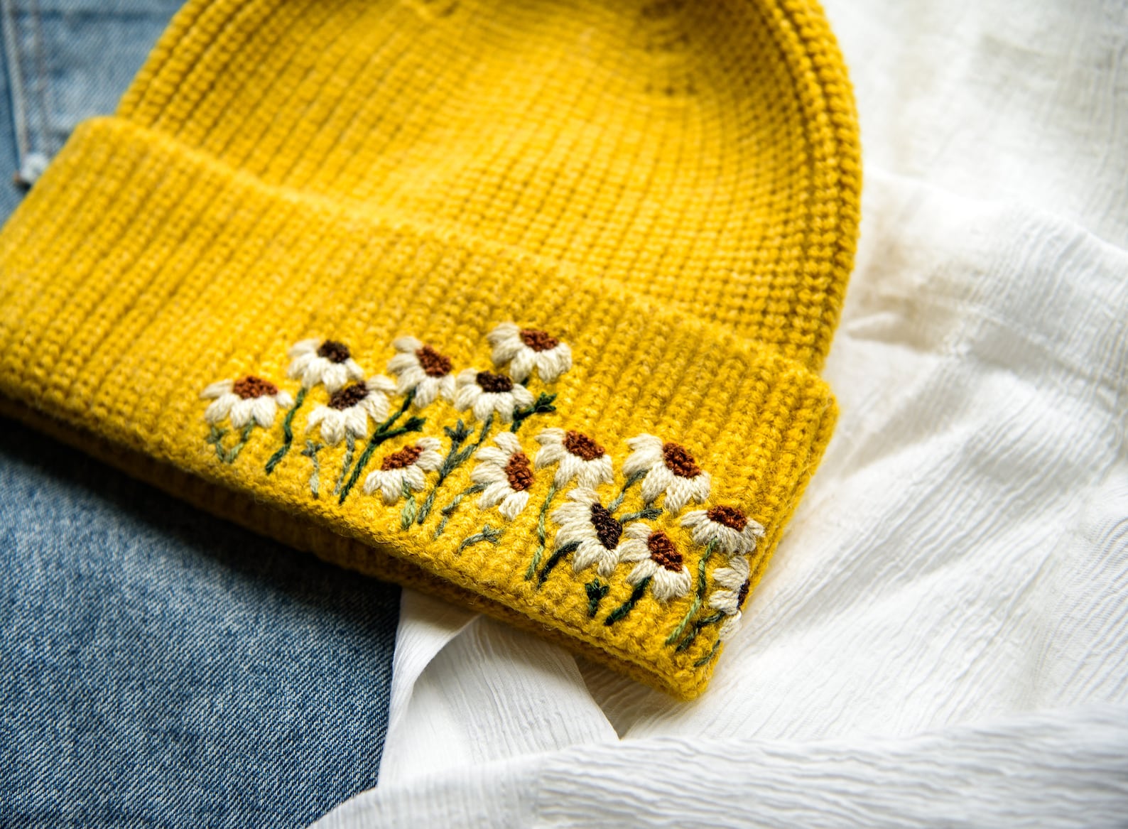 Hand Stitched Simple Daisies Beanie - Modern Minimalist Embroidery ...
