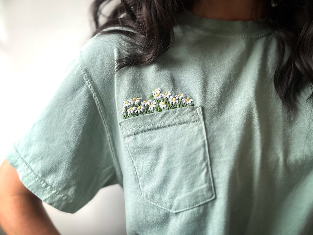 Simple Daisies Hand Embroidered Pocket Tee - Modern Minimalist ...