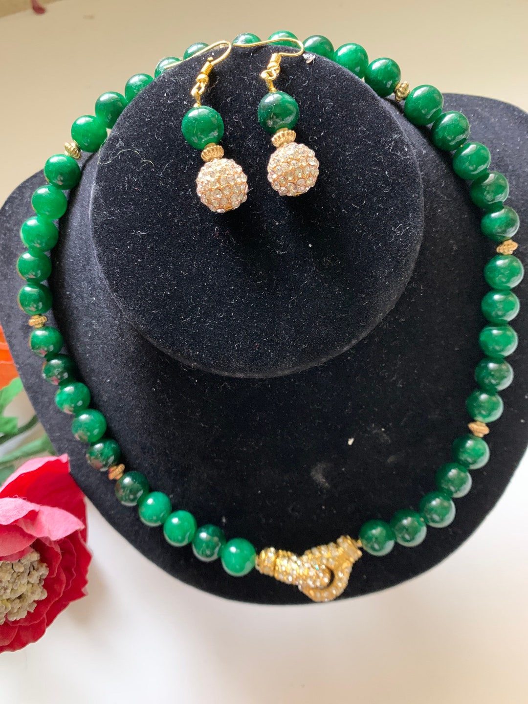 Emerald Green Jade Jewelry Set: Cubic Zirconia Necklace and Earrings - Etsy