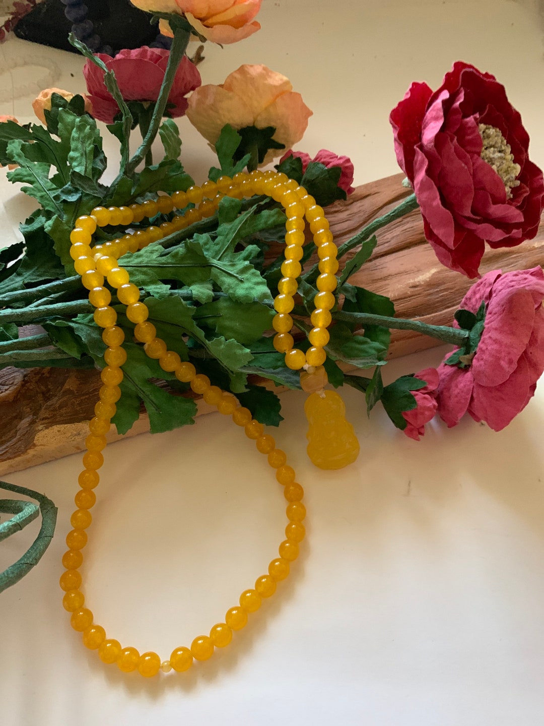 Yellow Jade Guanyin Pendant Necklace: 8mm Natural Jade Beads, 35