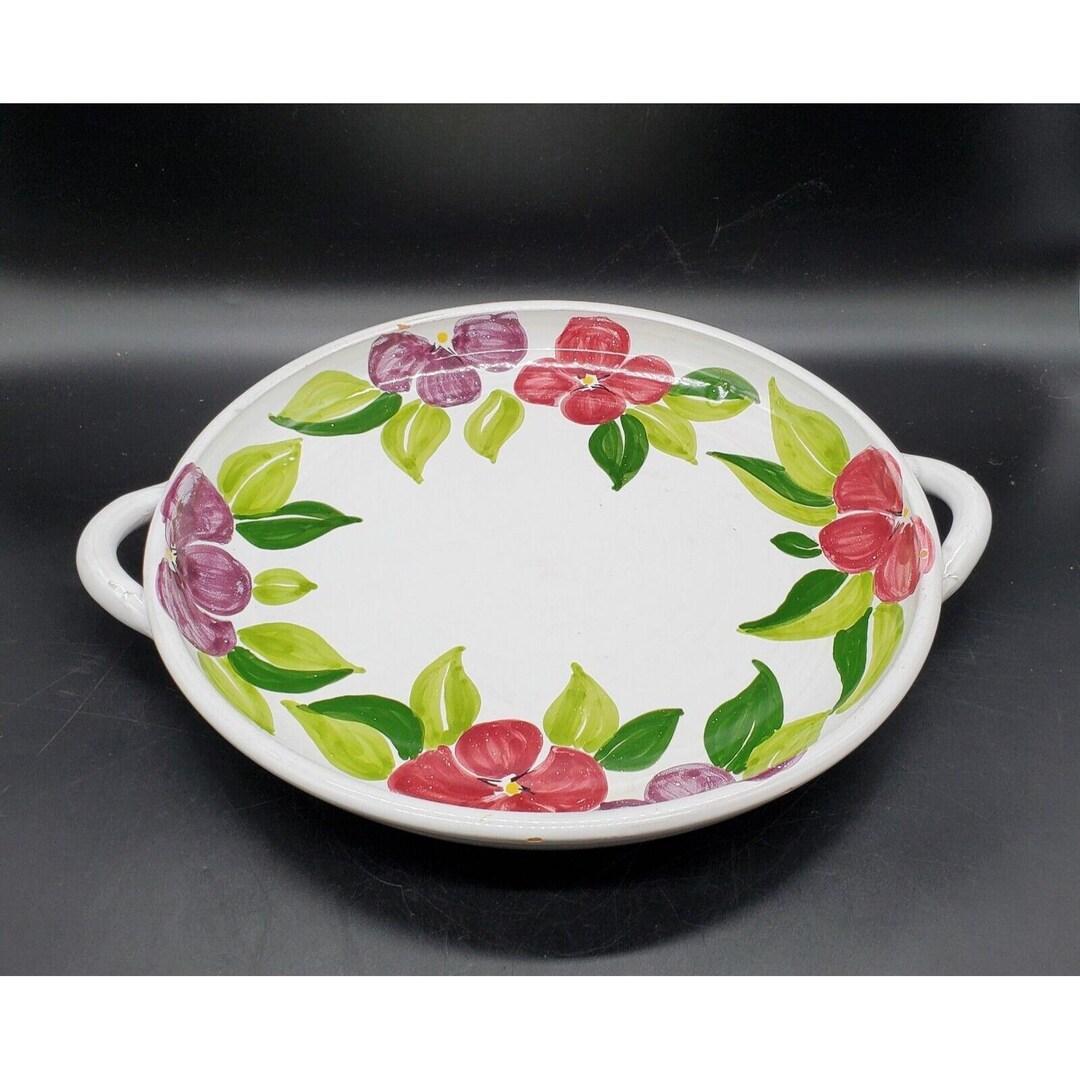 Handpainted Lamas Italian Art Pottery Round Serving Tray Floral Flower ...