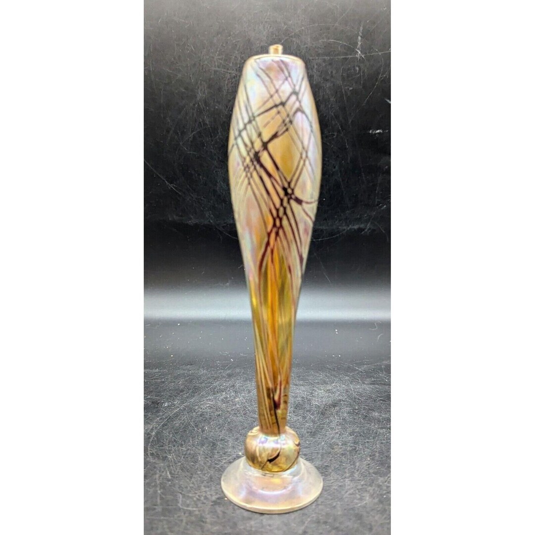 Signed BRIAN MAYTUM Studio Art Glass Irredescent Amber Oil Lamp W/ Wick ...