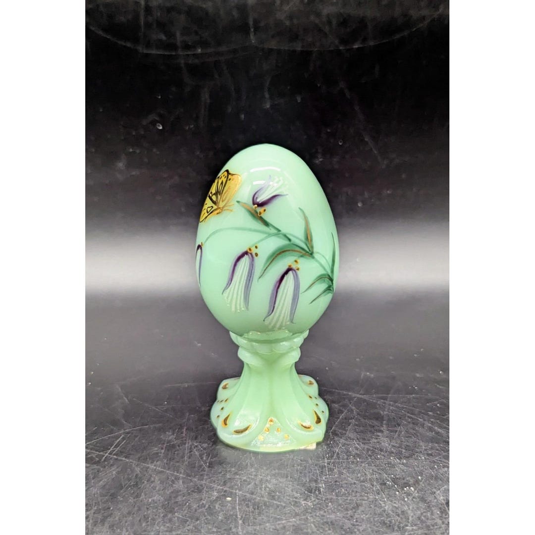 Vintage Fenton Art Glass Jadeite Egg on Stand Butterfly Hand Painted ...