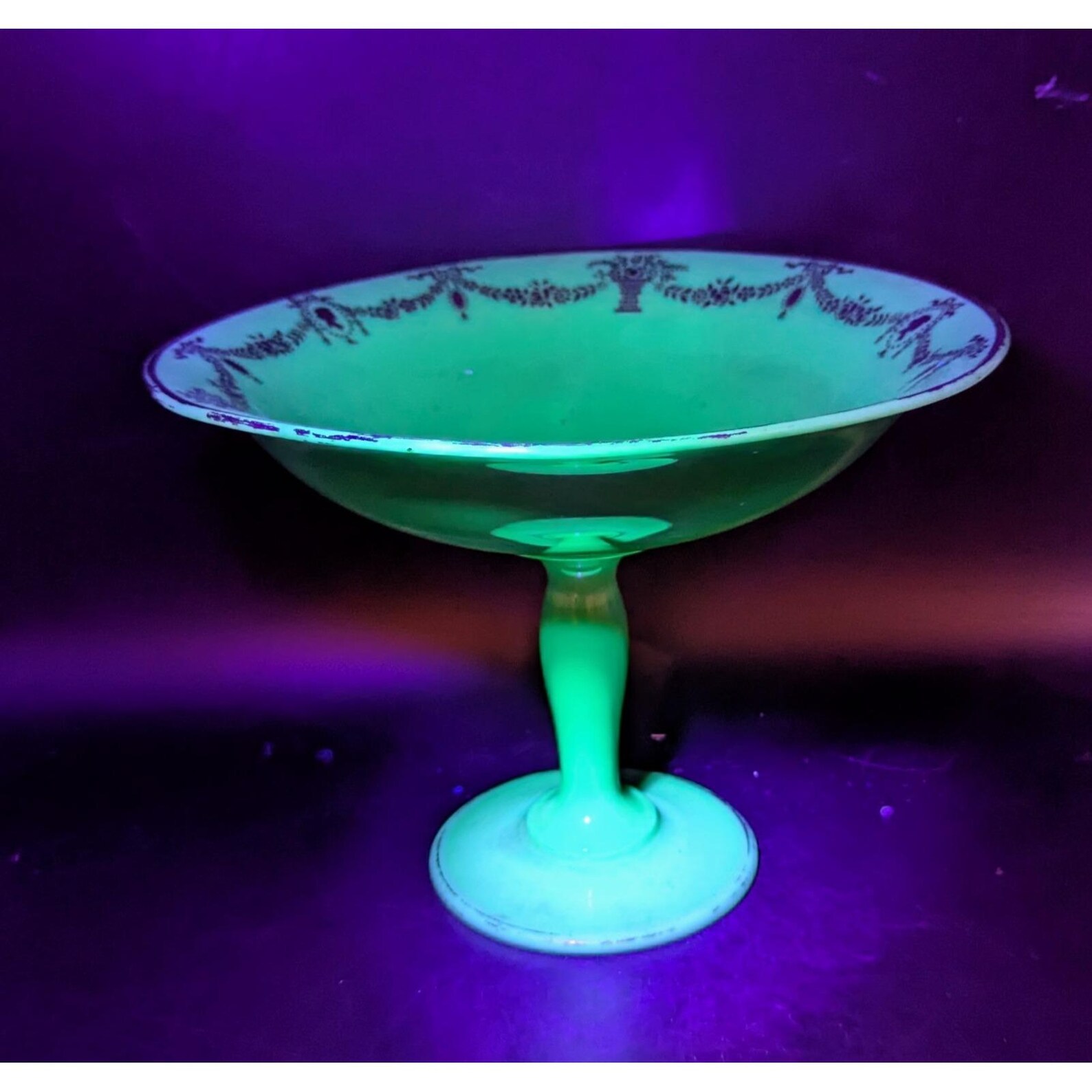 Vintage Art Deco Cambridge Glass Jade Compote Silver Overlay UV Glow 8 ...