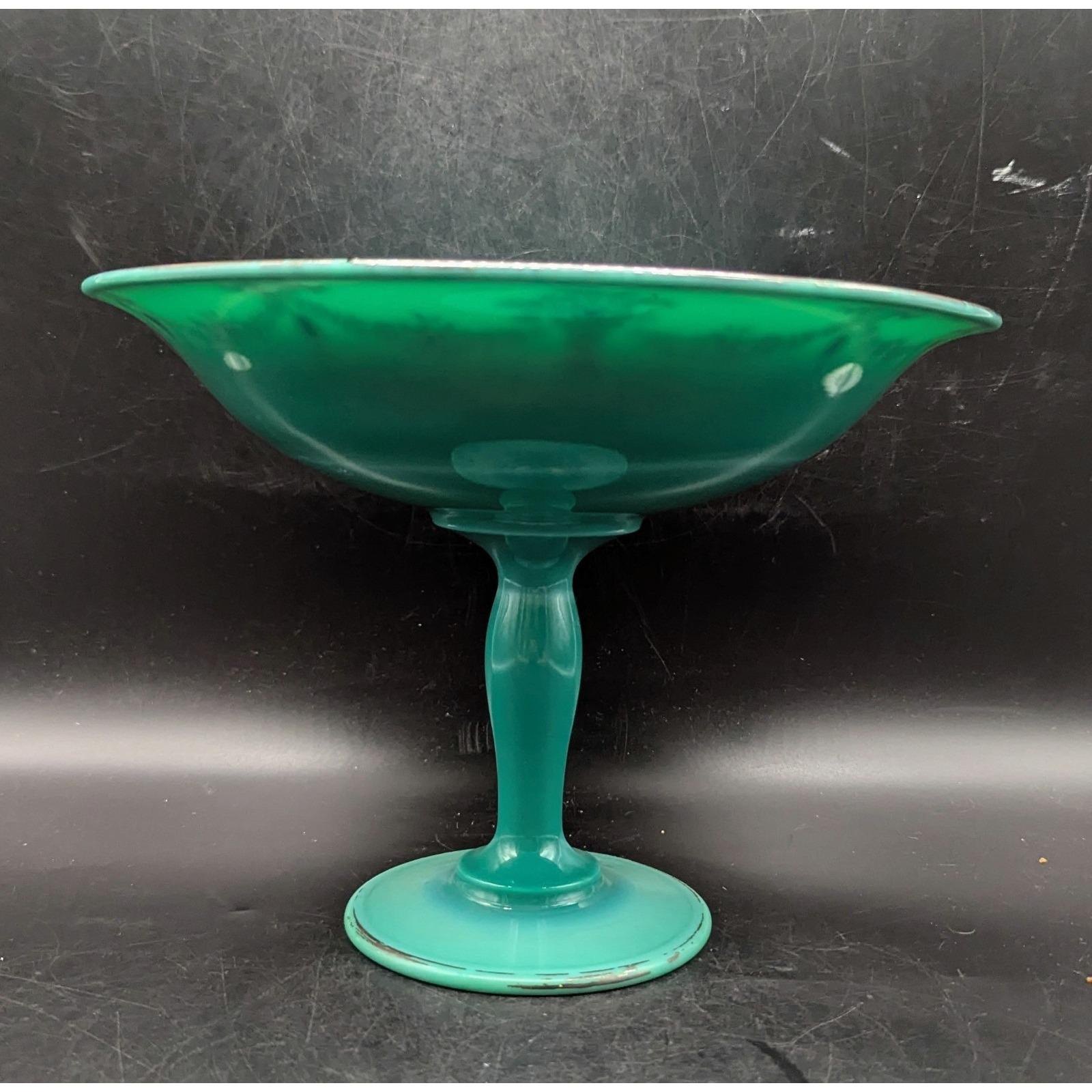 Vintage Art Deco Cambridge Glass Jade Compote Silver Overlay UV Glow 8 ...