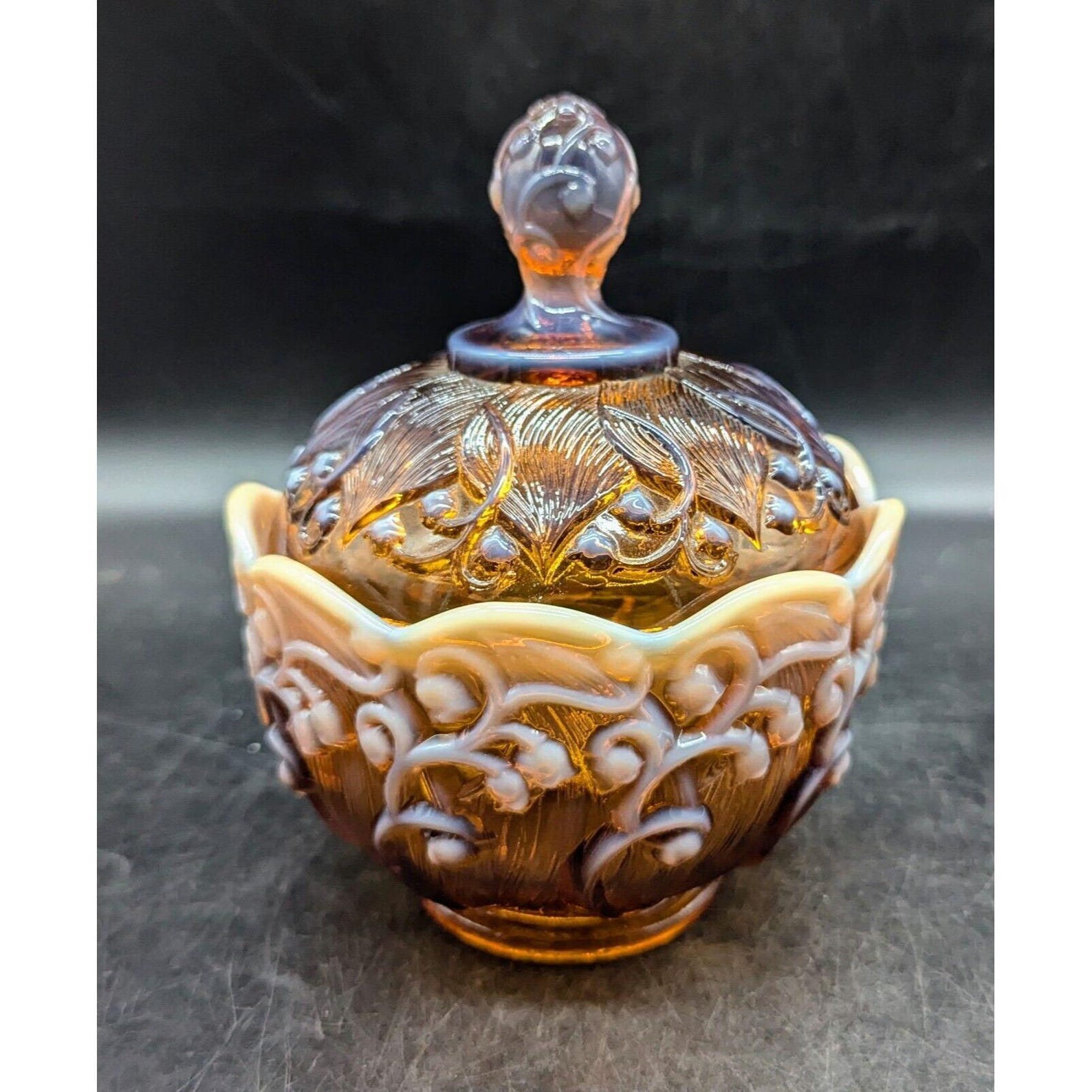 VTG Fenton Glass Caramel Cameo Opalescent Bowl Lily Og the Valley Lid ...