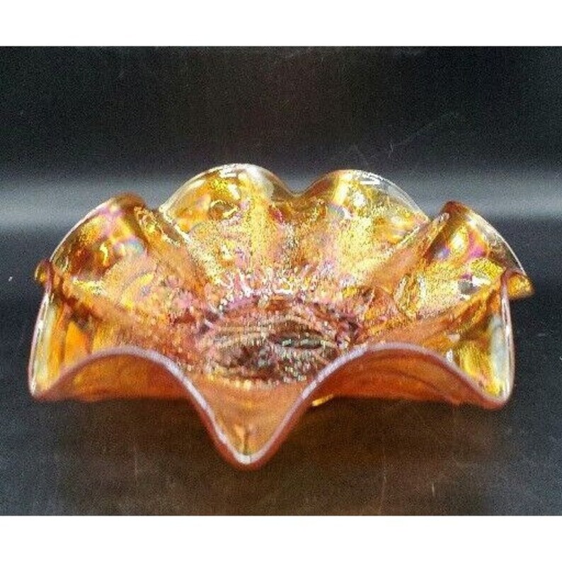 Imperial Carnival Glass Ruffled Bowl Iridescent Marigold Pansy & Arcs ...