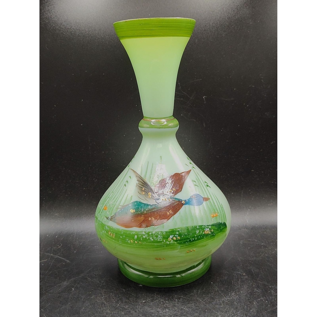 Antique Victorian Hand Painted Art Glass Vase Duck Bird Green Enameled ...