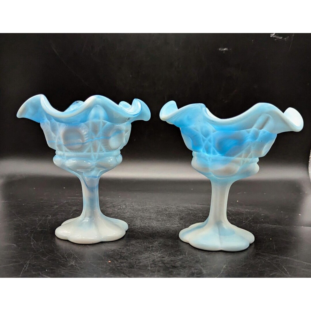 Set/2 Vintage Kanawha Aramis Pedestal Compote Blue and White Slag Glass ...