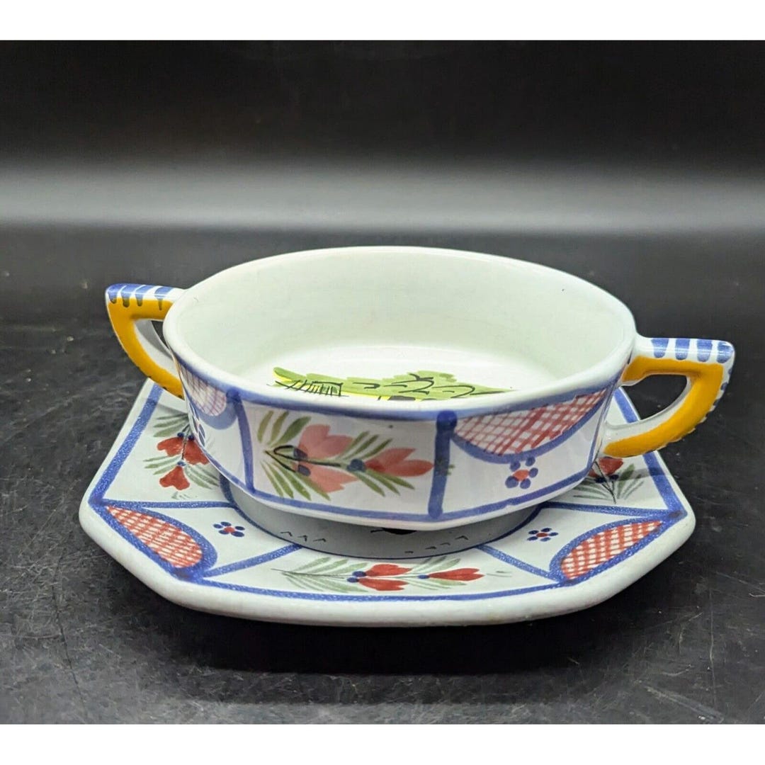 Vintage HB Henriot Quimper Soup Coup Cup W/ Saucer France 2 Handle - Etsy