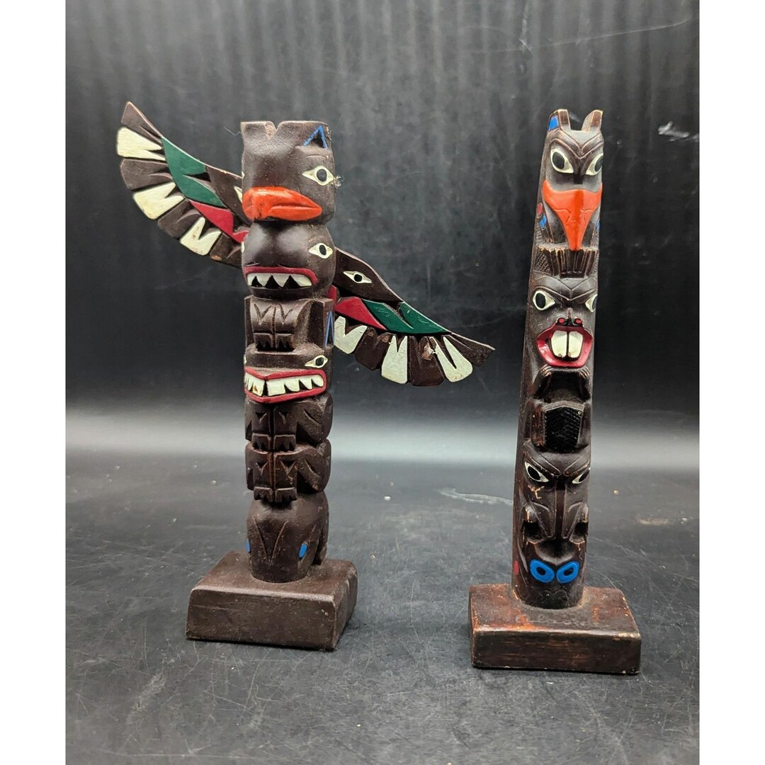 Set/2 Authentic Alaska Craft Totem Pole Ketchikan Alaska Hand Carved 8. ...