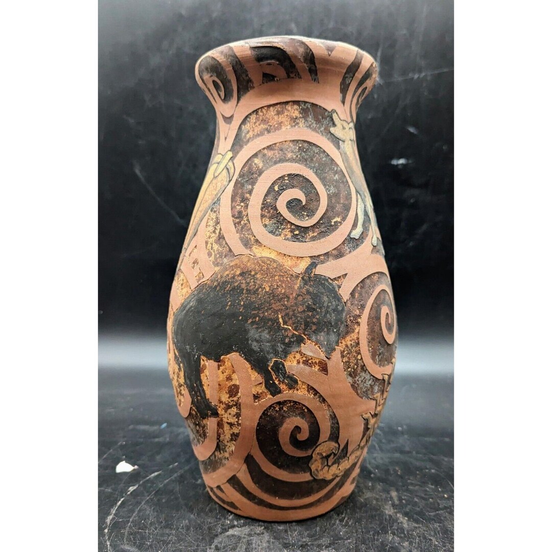 Terracotta Studio Art Pottery Southwestern Vase Horse Coyote Bison ...
