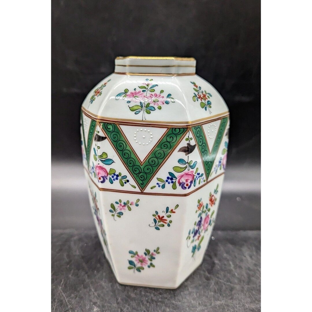 Antique Edme Samson Hexagonal Vase Urn Hand Painted Floral Flower 6.75 ...