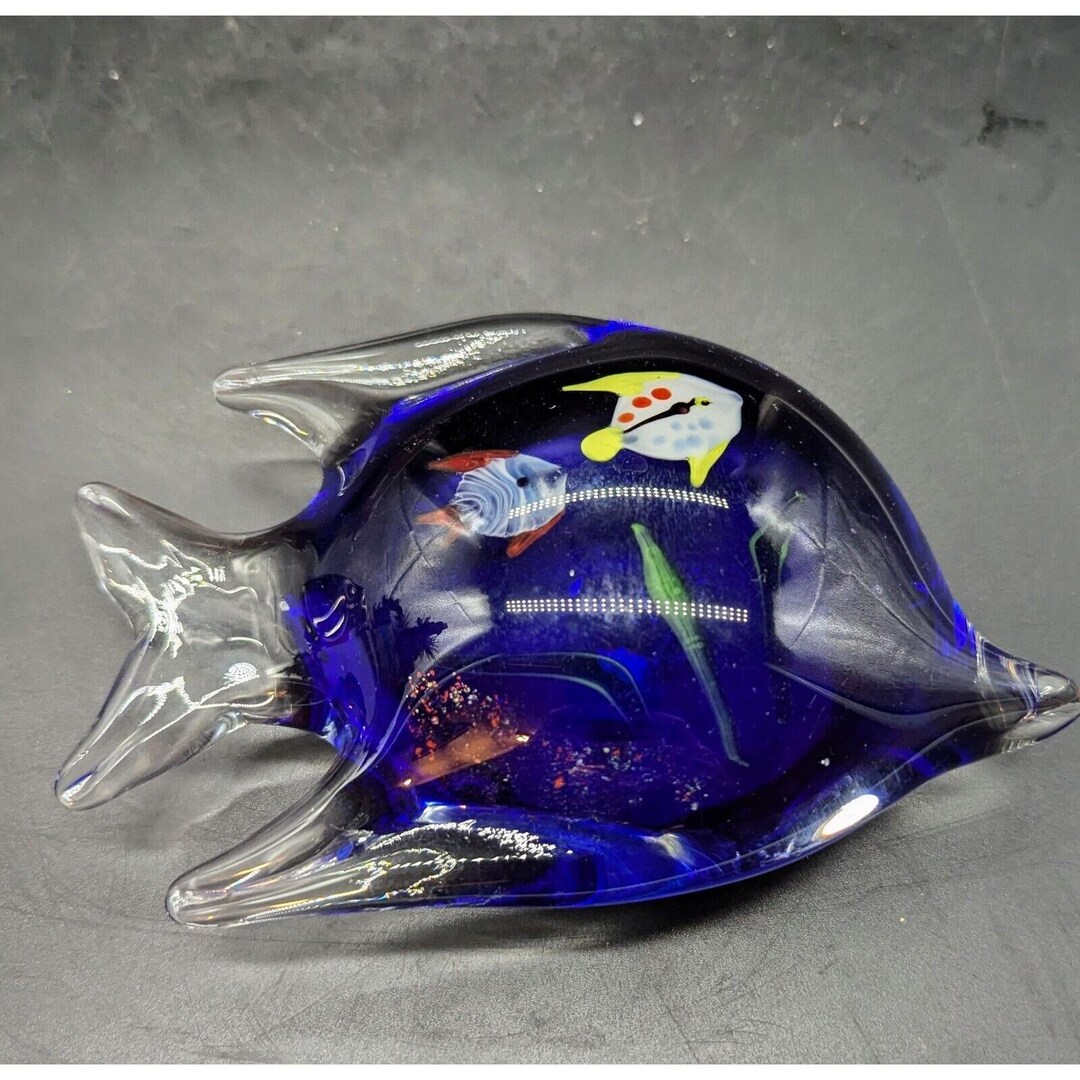 Vintage Handmade Art Glass Blue Fish Paperweight Figurine Aquarium 6.5 ...
