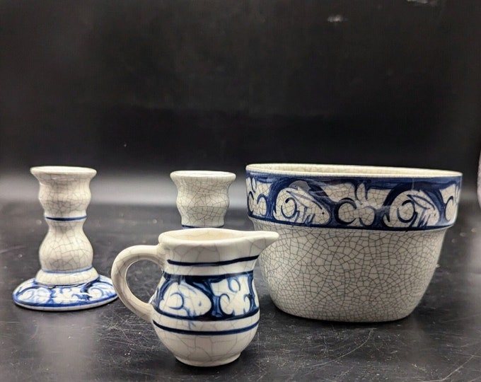 Lot of 4 Dedham Pottery Potting Shed Candle Sticks Pitcher Planter ...