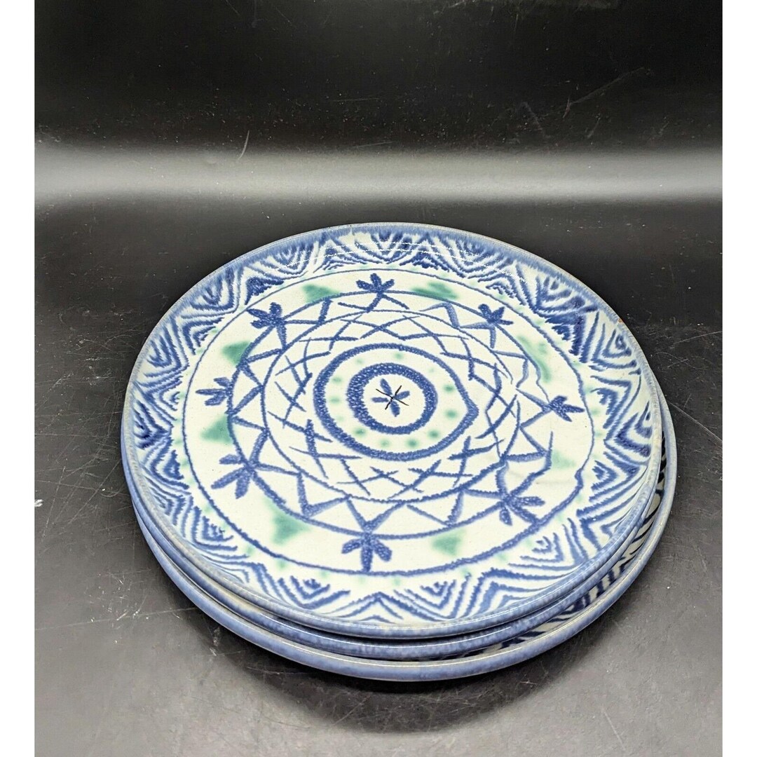 Set/3 Studio Art Pottery 10" Terrace Plates Blue Pattern Signed Aida - Etsy