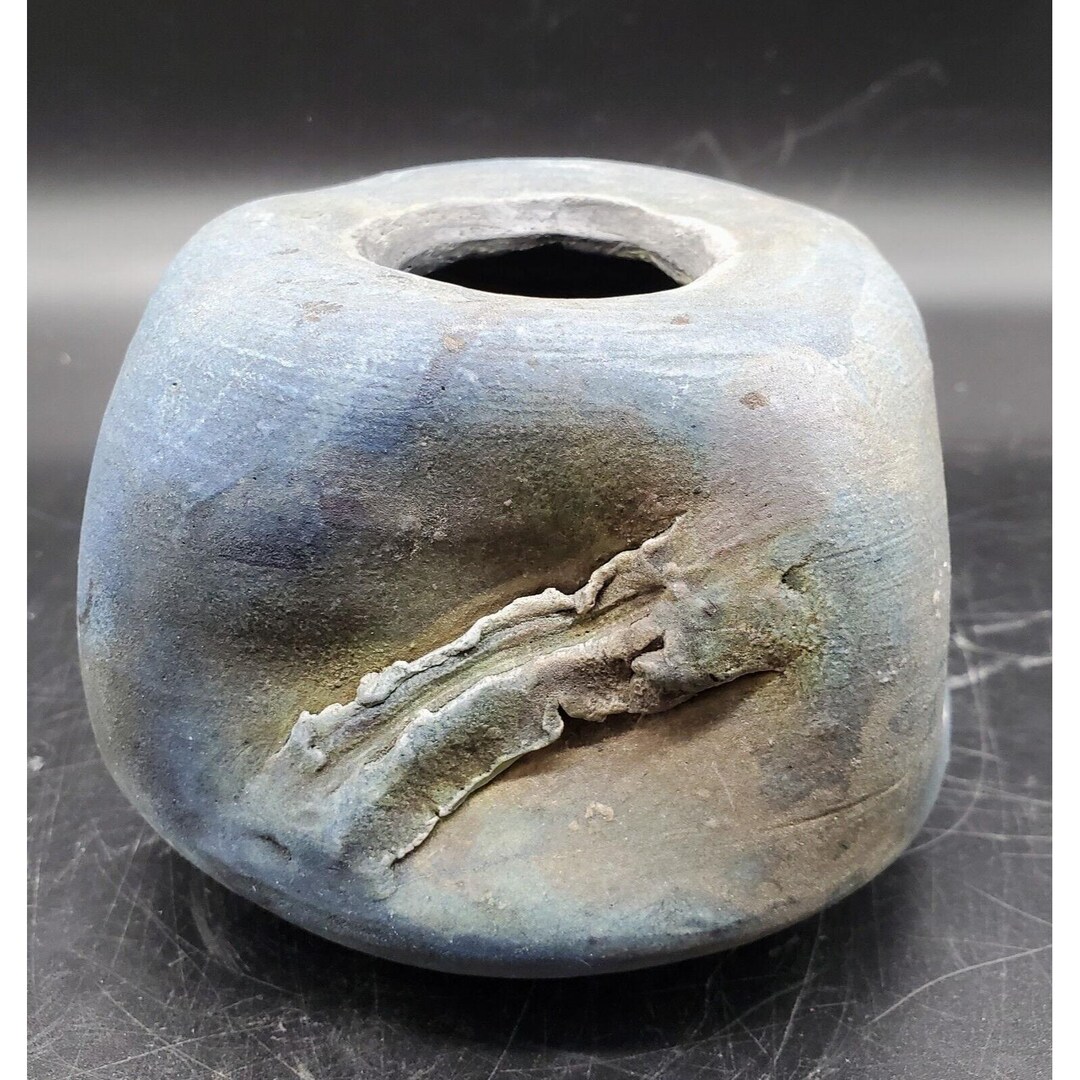 Vintage Studio Art Pottery Rake Glaze Blue Black Square Vase Vessel 3 ...