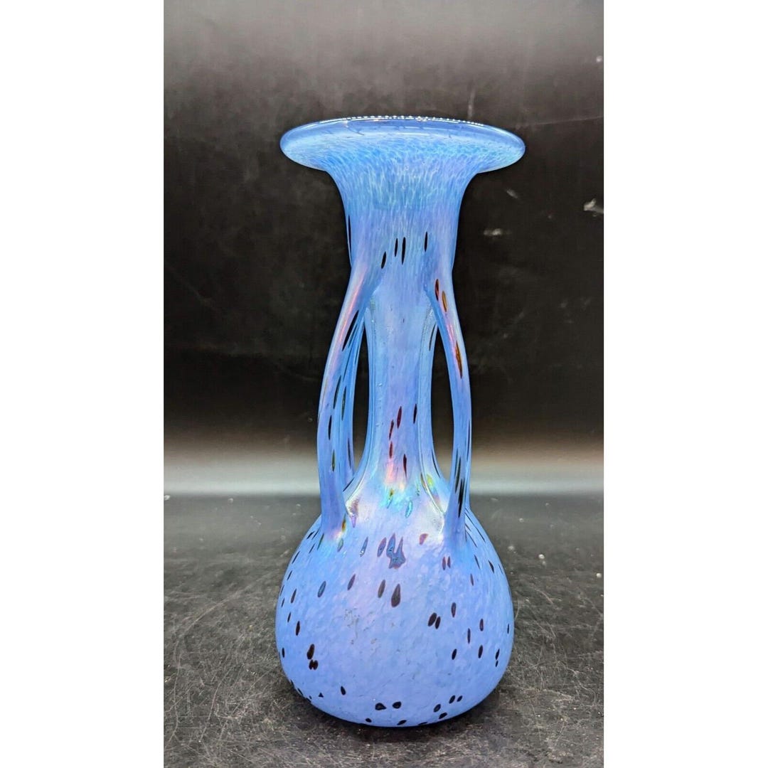 Vintage Igor Muller Czech Art Glass 4 Handle Vase Blue Iridescent ...