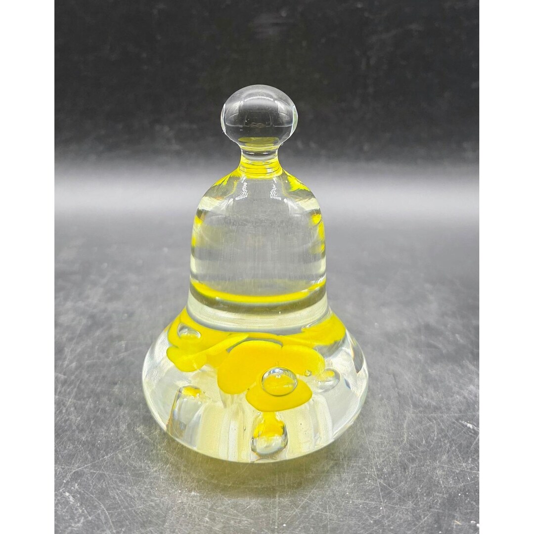 Art Glass Bell Paperweight Yellow Flower Controlled Bubbles Hand Blown ...