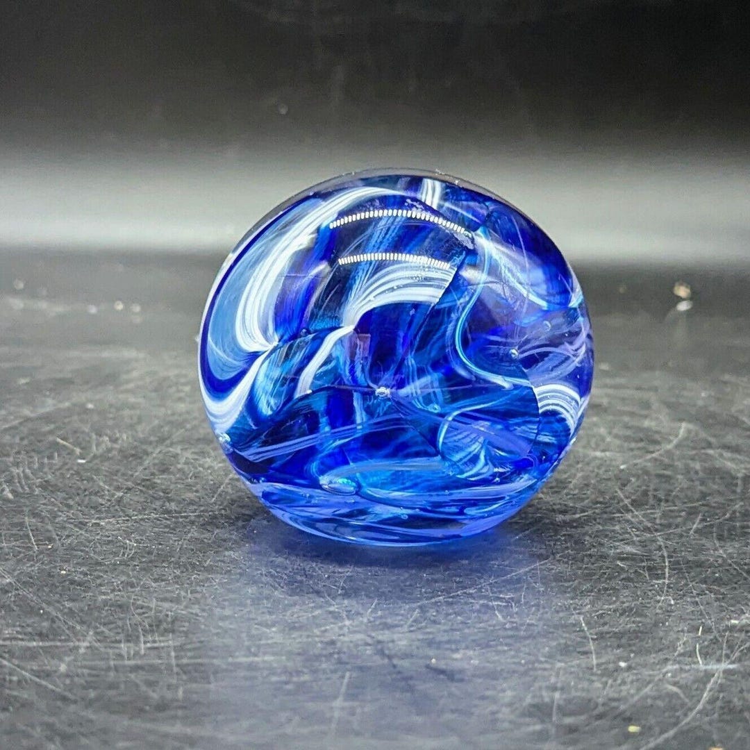 Paperweight Art Glass Orb Sphere Blue White Swirl Controlled Round Made ...